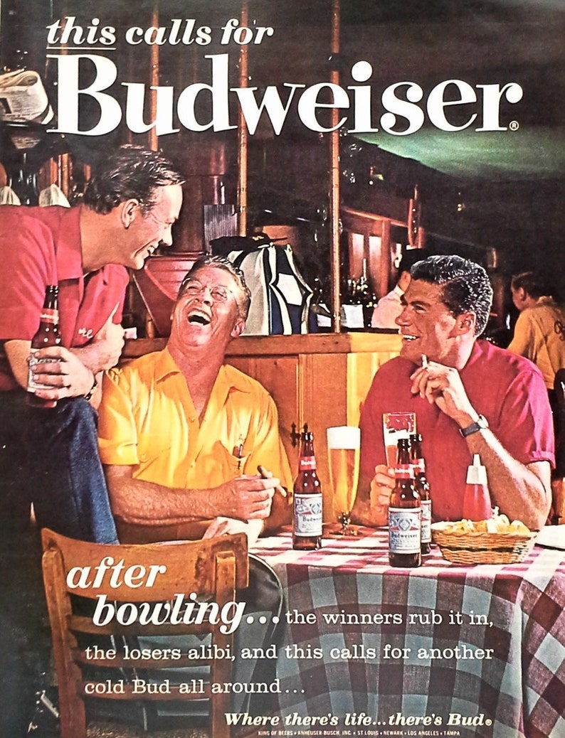 Budweiser Bud Beer Paper Ad Bowlers Drinking at Tavern Bar vintage Beer ...