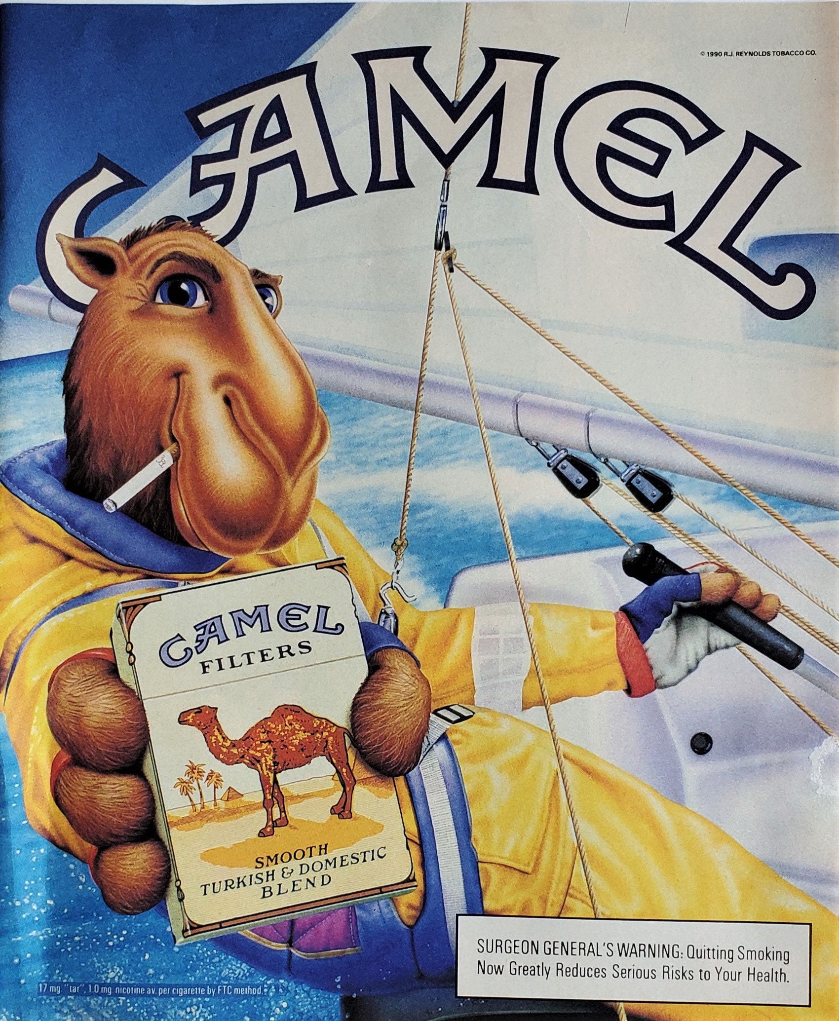 Joe Camel Illustrated Cigarette Ad Speed Sailing Yellow Slicker Coat Cig in Mouth Ocean Sport ...