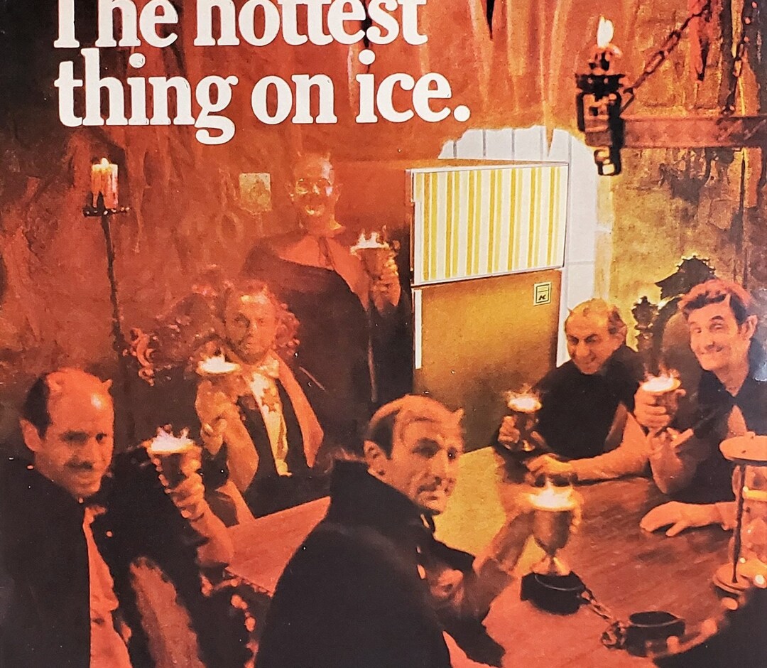 Hell's Club Demons Drinking Beer at Table Horns Air Conditioner Ad Dark ...