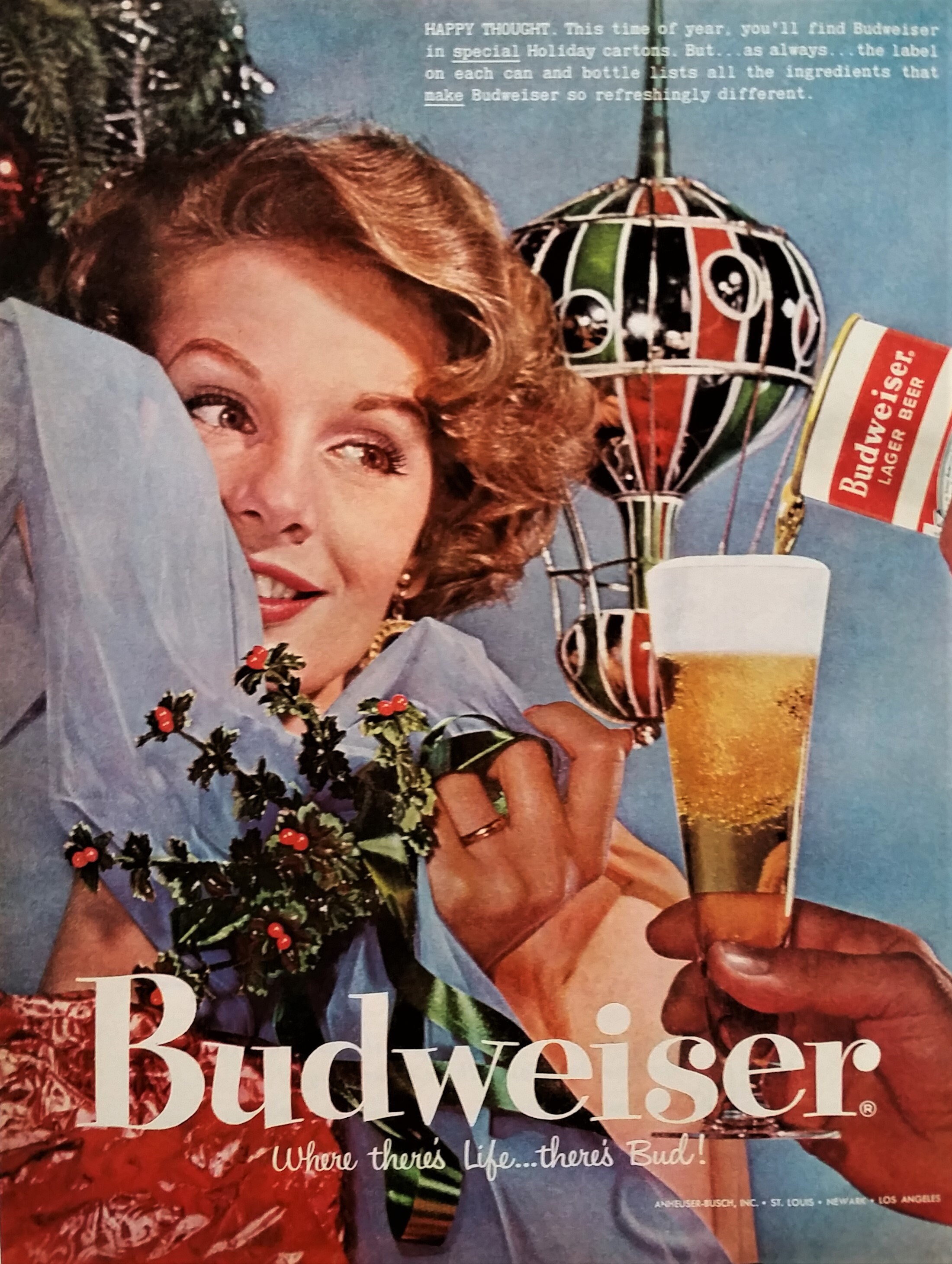 Christmas Budweiser Bud Beer Ad Woman Yule Tree Flirt Beer Drinking ...