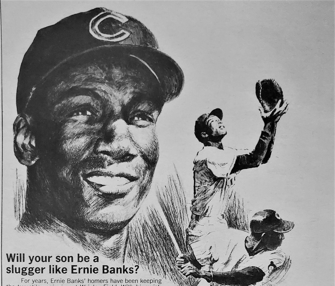 Ernie Banks 'mr. Cub' BW Illustration 1967 Division Leader Wrigley ...