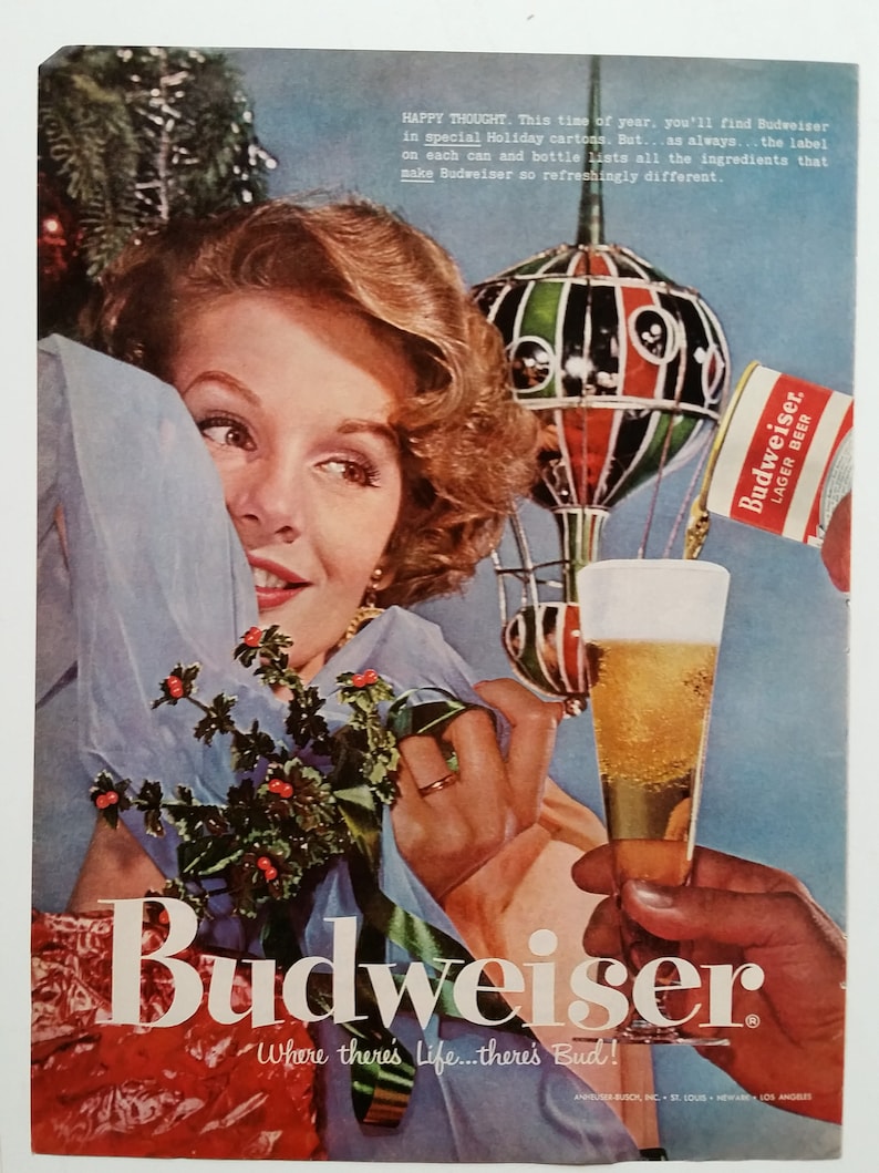 Christmas Budweiser Bud Beer Ad Woman Yule Tree Flirt Beer Drinking ...