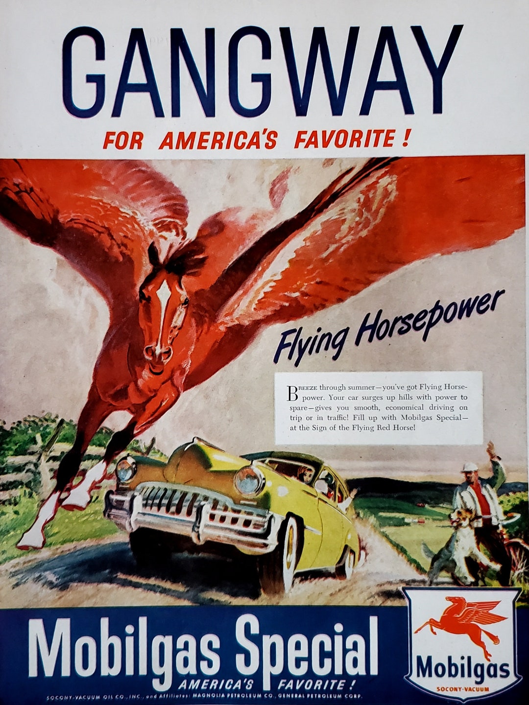 Vtg Gas & Oil Mobilgas Art 'gangway America's Favorite' Red Horse ...