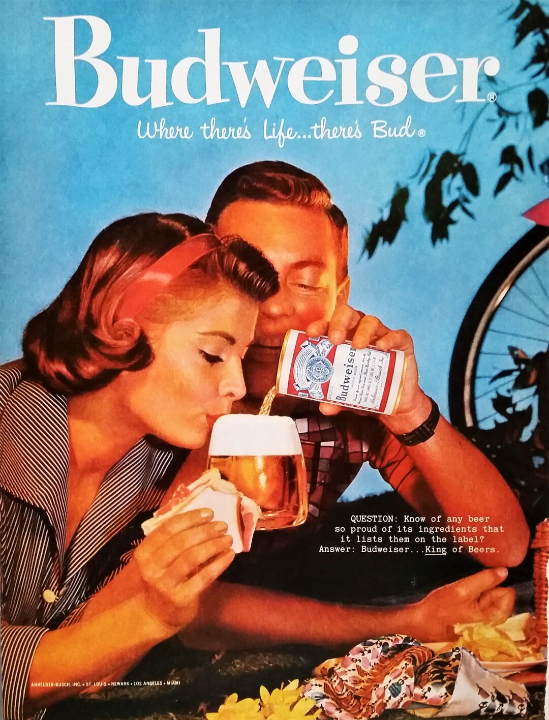 Budweiser Bud Beer Couple Bike Riding Lunch Stop Vintage Beer -man Cave ...