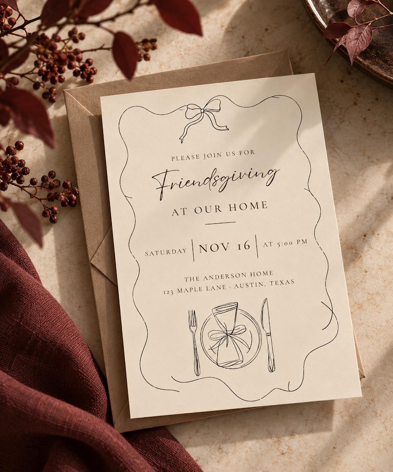 Friendsgiving Invitation, Editable Canva Template, Minimalist Fall ...
