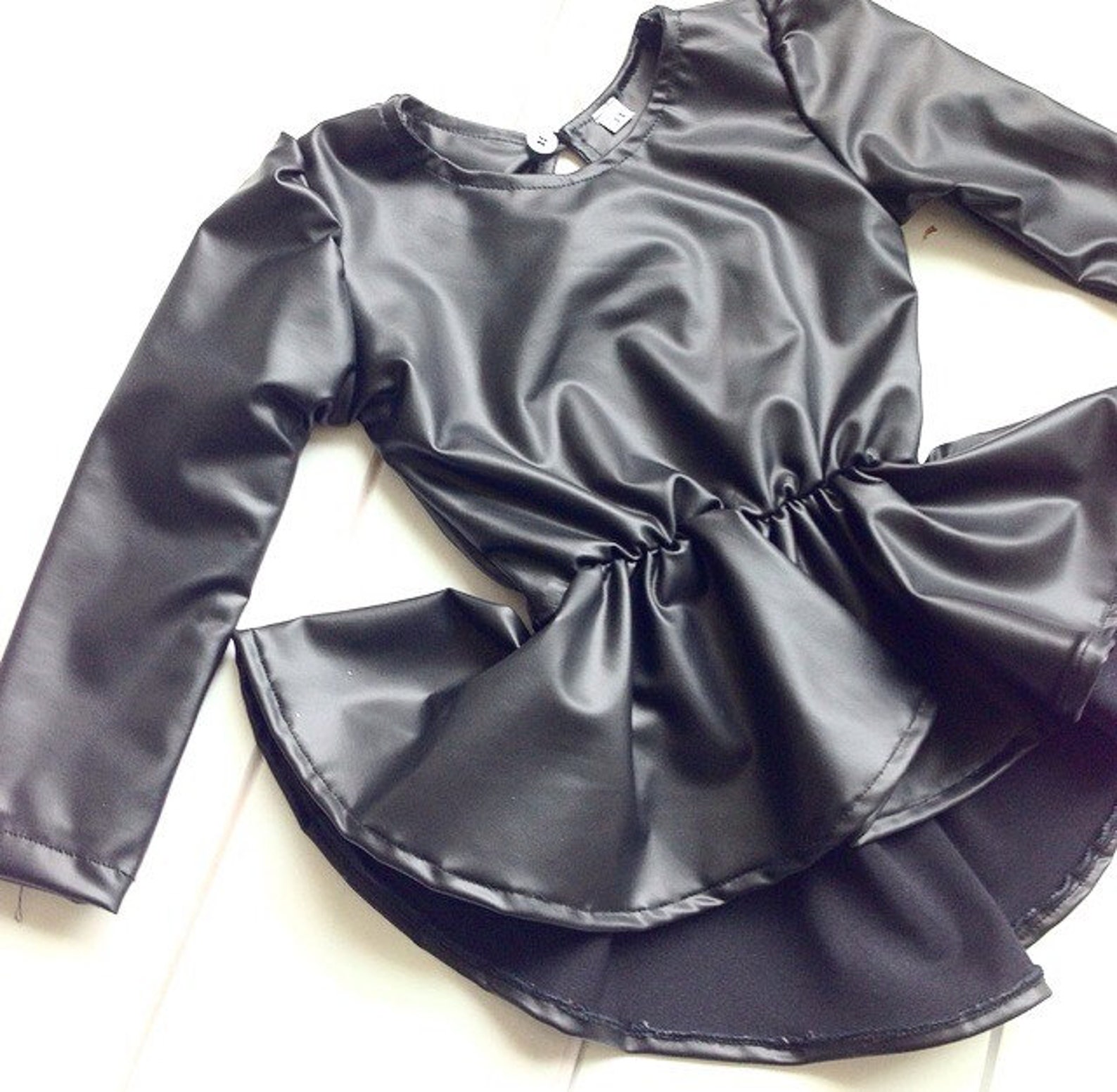 Black Faux Leather Girls Peplum Top - Children - Peplum Top With Long ...