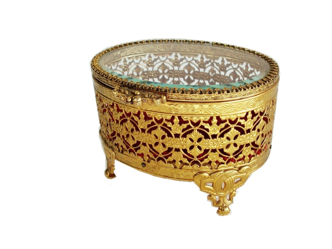 Vintage Oval Gold Filigree Glass Jewelry Box - Etsy