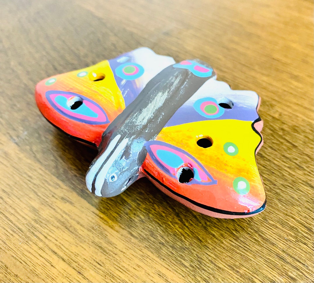 Vintage Terracotta Glazed Butterfly Whistleblower, Hand Painted Pottery ...