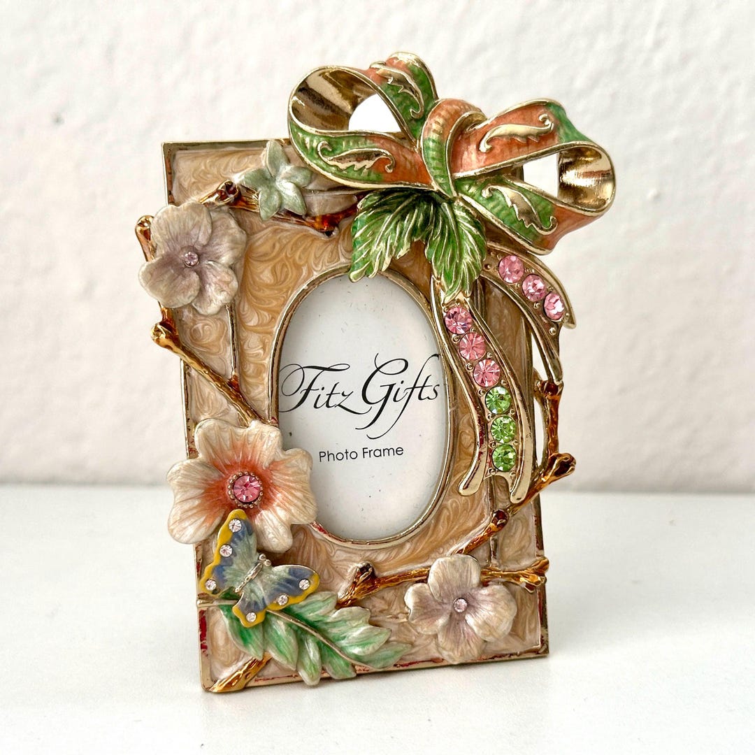 Vintage Fitz Gifts Enamel Photo Frame, Floral Crystals Ribbon Enamel ...