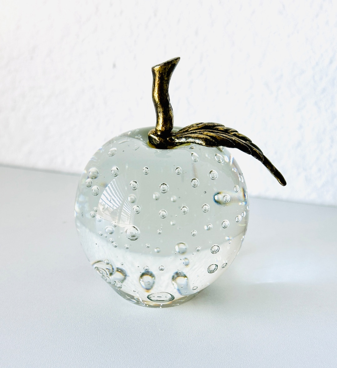 Vintage Clear Glass Apple Paperweight Controlled Bubbles W/ Brass Stem ...