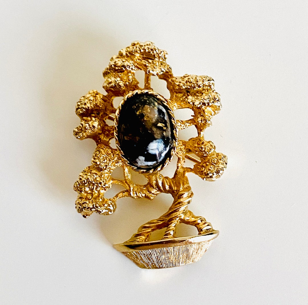 Amway Japanese Bonsai Tree With Speckled Cabochon Brooch - Etsy