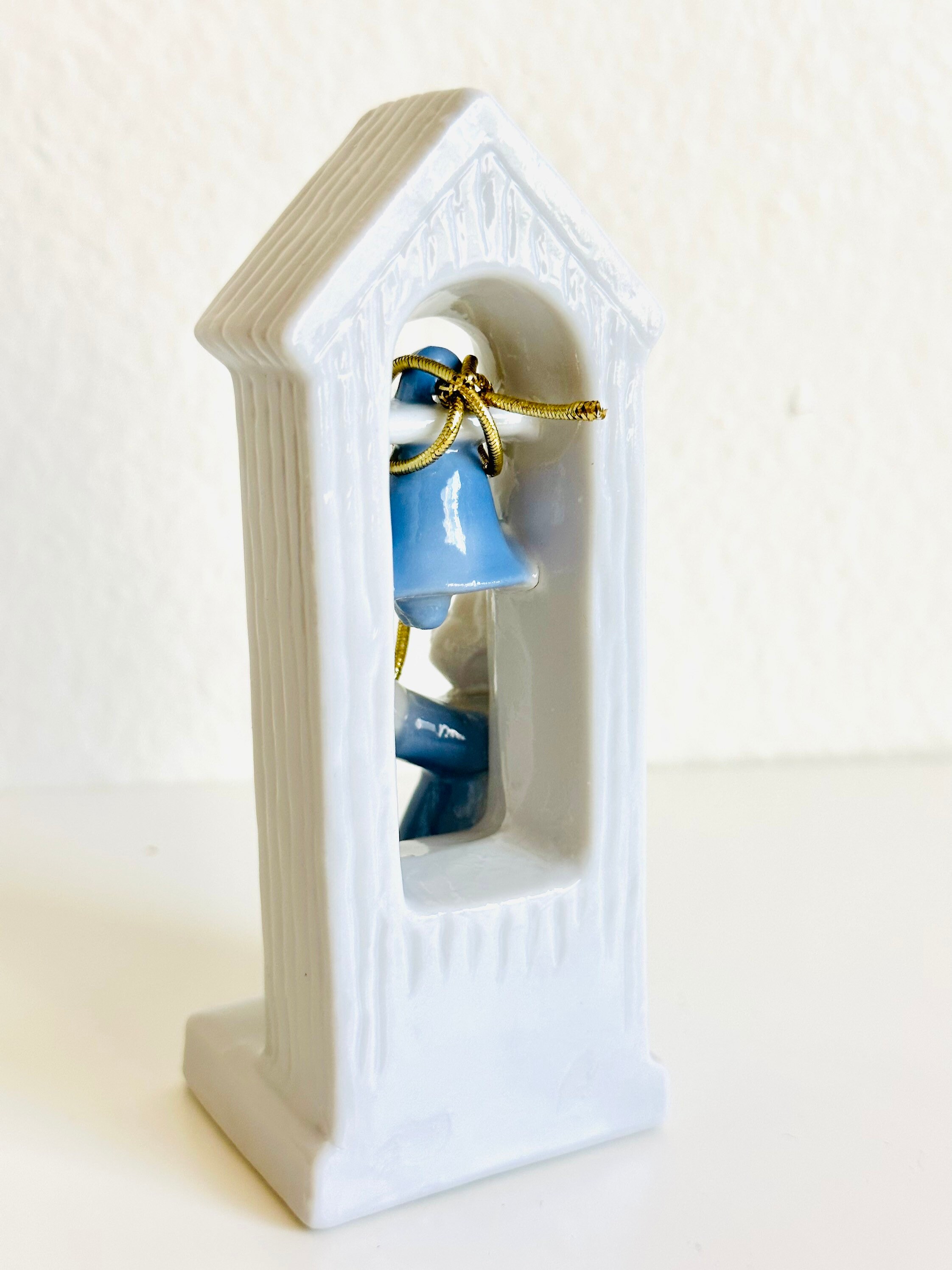 Vintage Enesco Angel Ringing Chapel Bell, Blue and White Porcelain ...