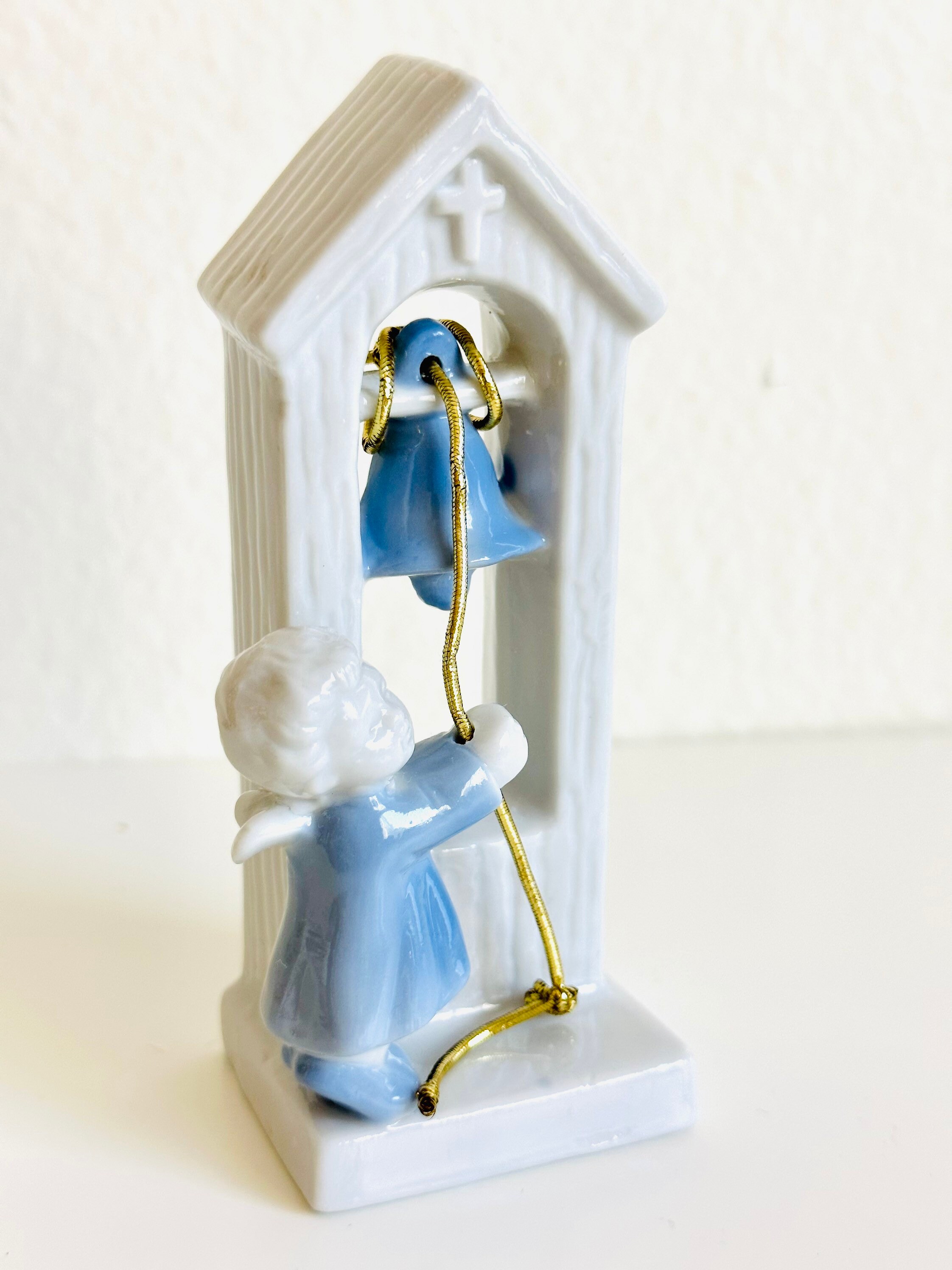 Vintage Enesco Angel Ringing Chapel Bell, Blue and White Porcelain ...