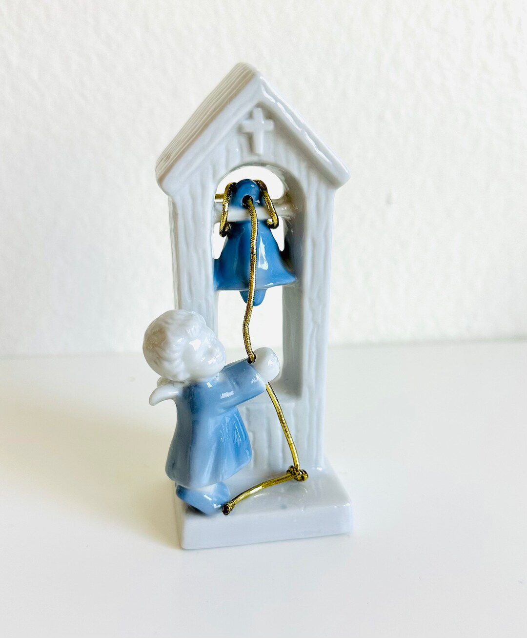 Vintage Enesco Angel Ringing Chapel Bell, Blue and White Porcelain ...