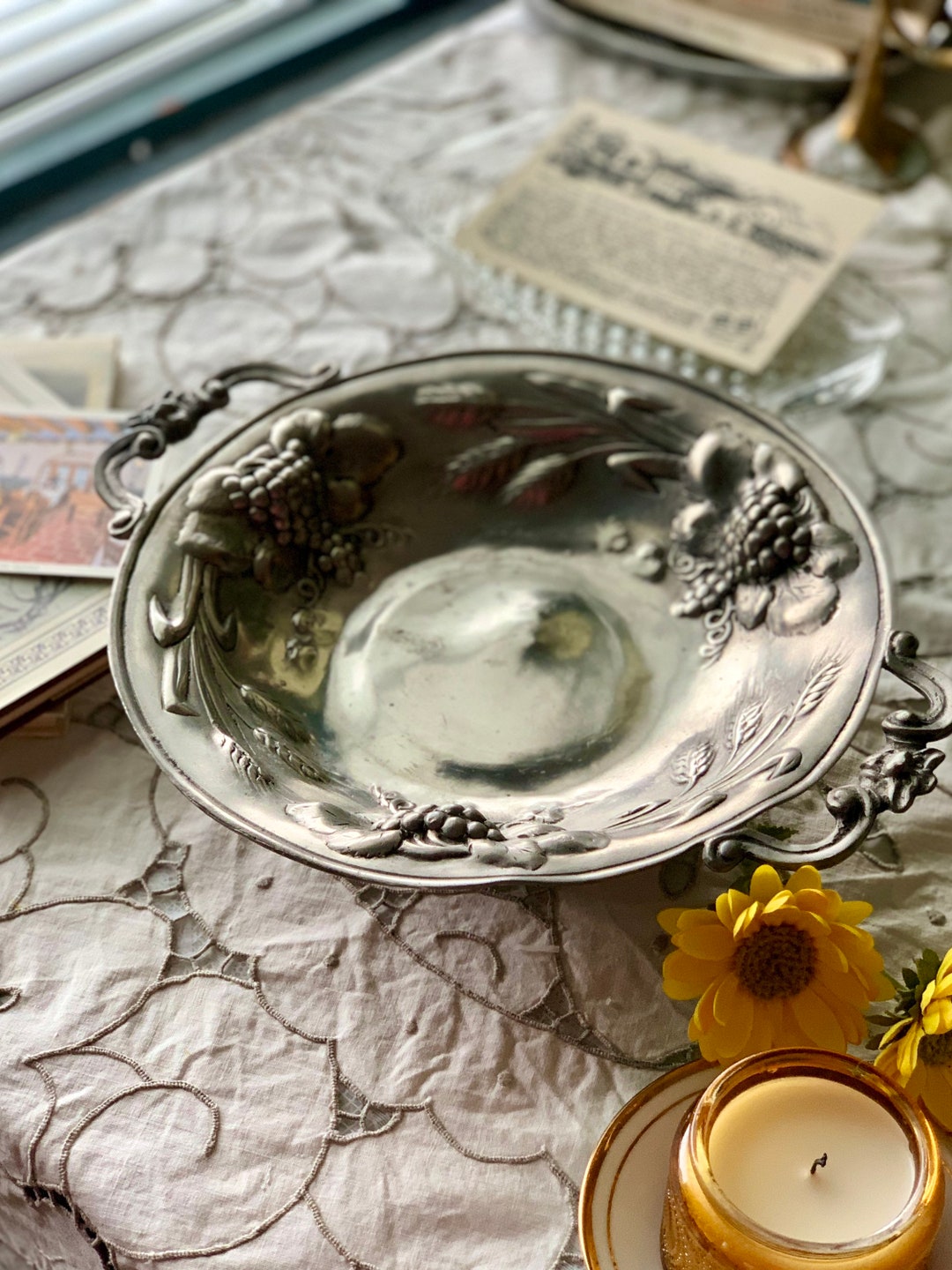 Vintage Pewter Fruit Pedestal Bowl With Gargoyle Handles RARE Tinko ...