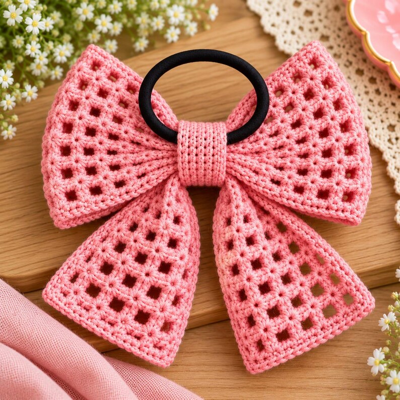 Crochet Mesh Hair Bow Pattern, Easy Layered Bow, Hair Tie Accessory ...