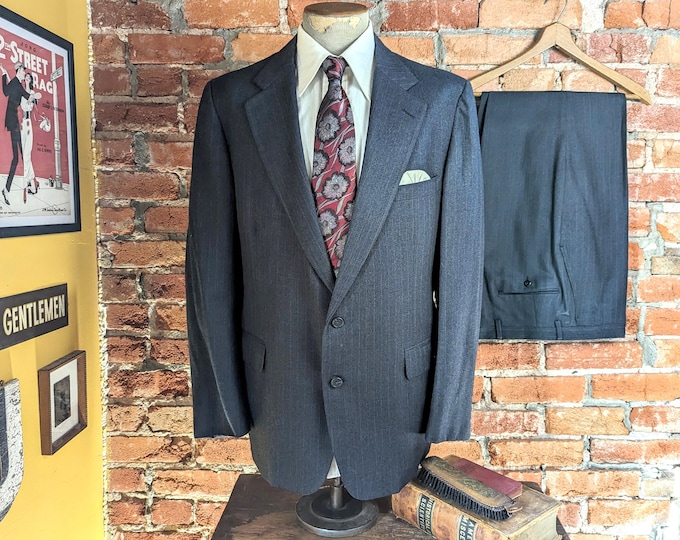 1980s 2 Piece Pinstriped Wool Business Suit Men's Vintage Gray Pure ...
