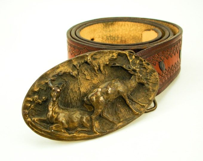 Vintage Adezy Denver Belt Buckle 1970s Large Heavy Solid Brass Mens Buckle With High Relief Doe ...