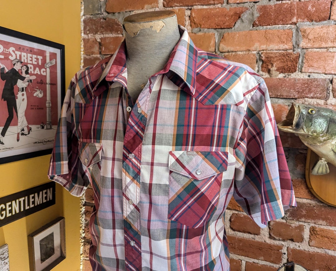 1980s Vintage RUSTLER Western Shirt Men's Burgundy Red & White Plaid ...