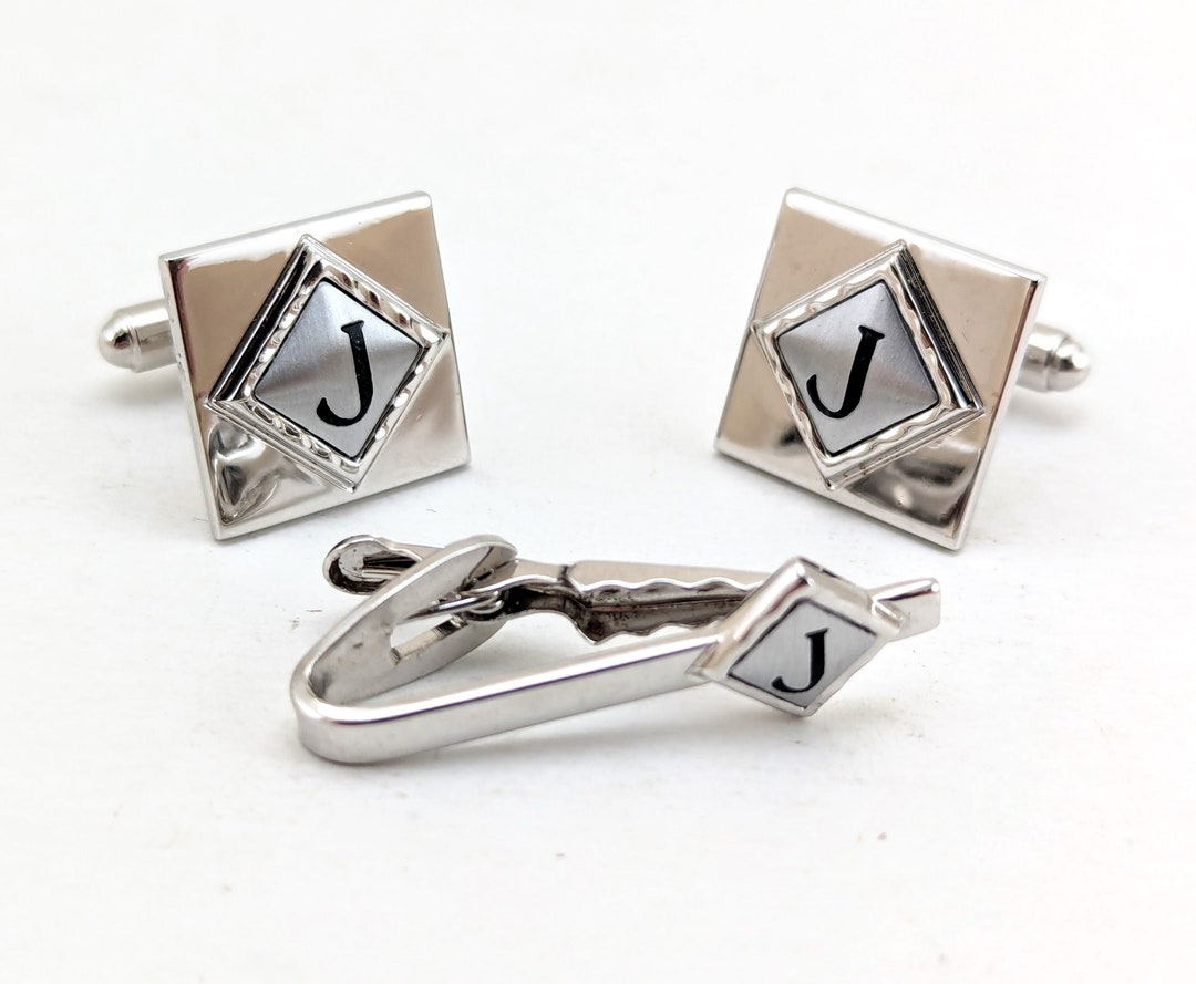 1960s j Cufflinks & Tie Clip Men's Vintage Silver Tone Cuff Links and ...