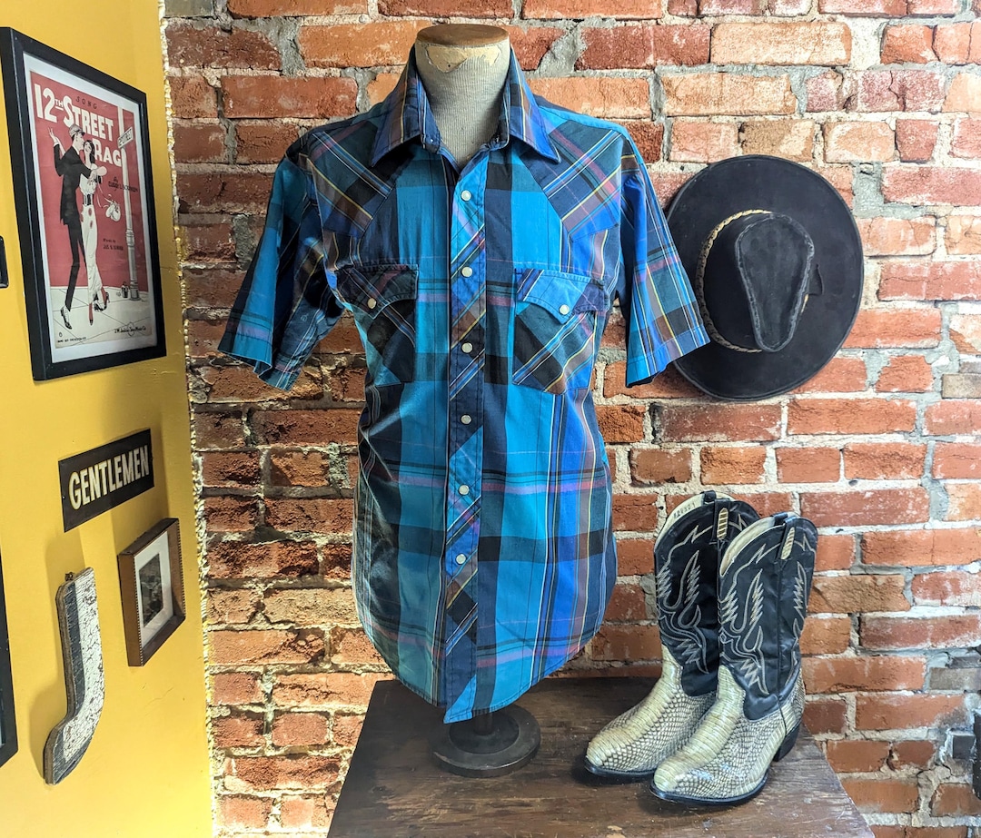 1980s Vintage Outlaw Western Wear Turquoise Plaid Western Shirt Men's ...