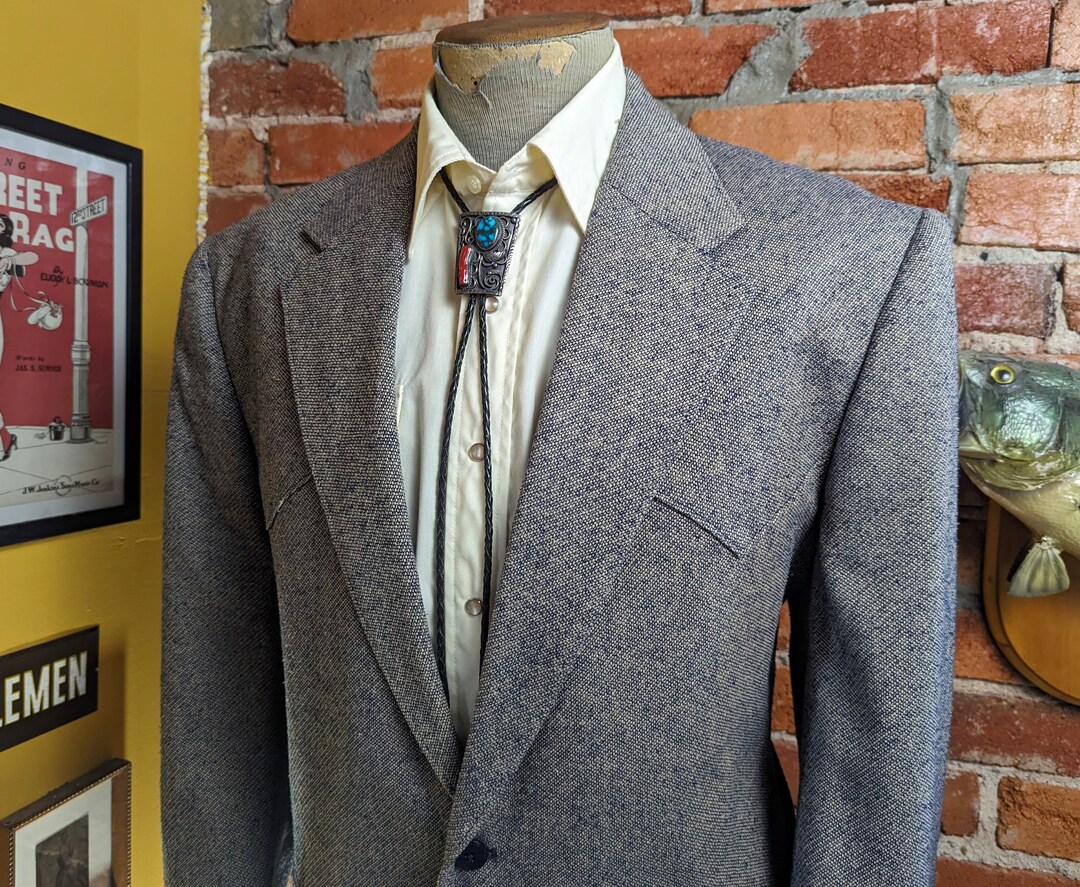 1980s Vintage Tweed Western Suit Jacket Men's Blue & Beige Cowboy Style ...
