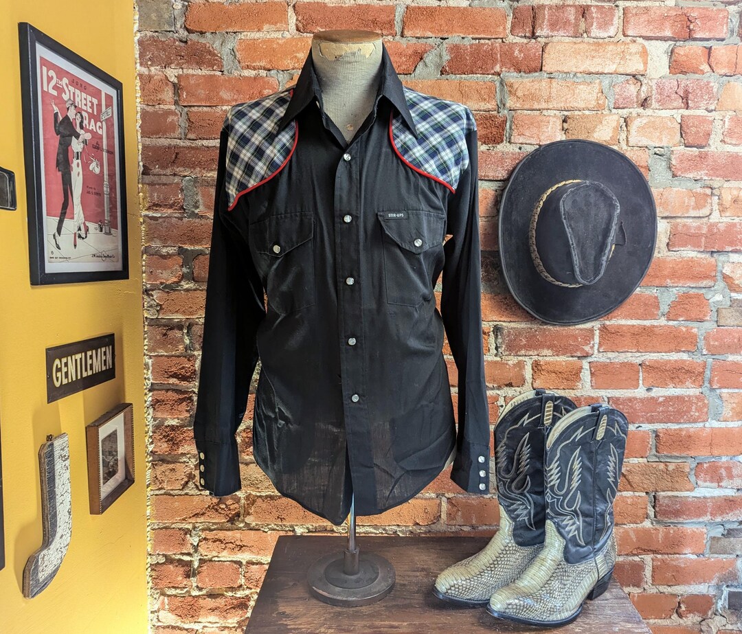 1970s Vintage Black Western Shirt With Plaid Yokes Men's Cowboy Style ...