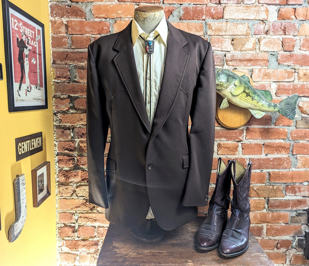 1970s Men's Western Suit Jacket / Blazer Vintage Brown Poyester Cowboy ...