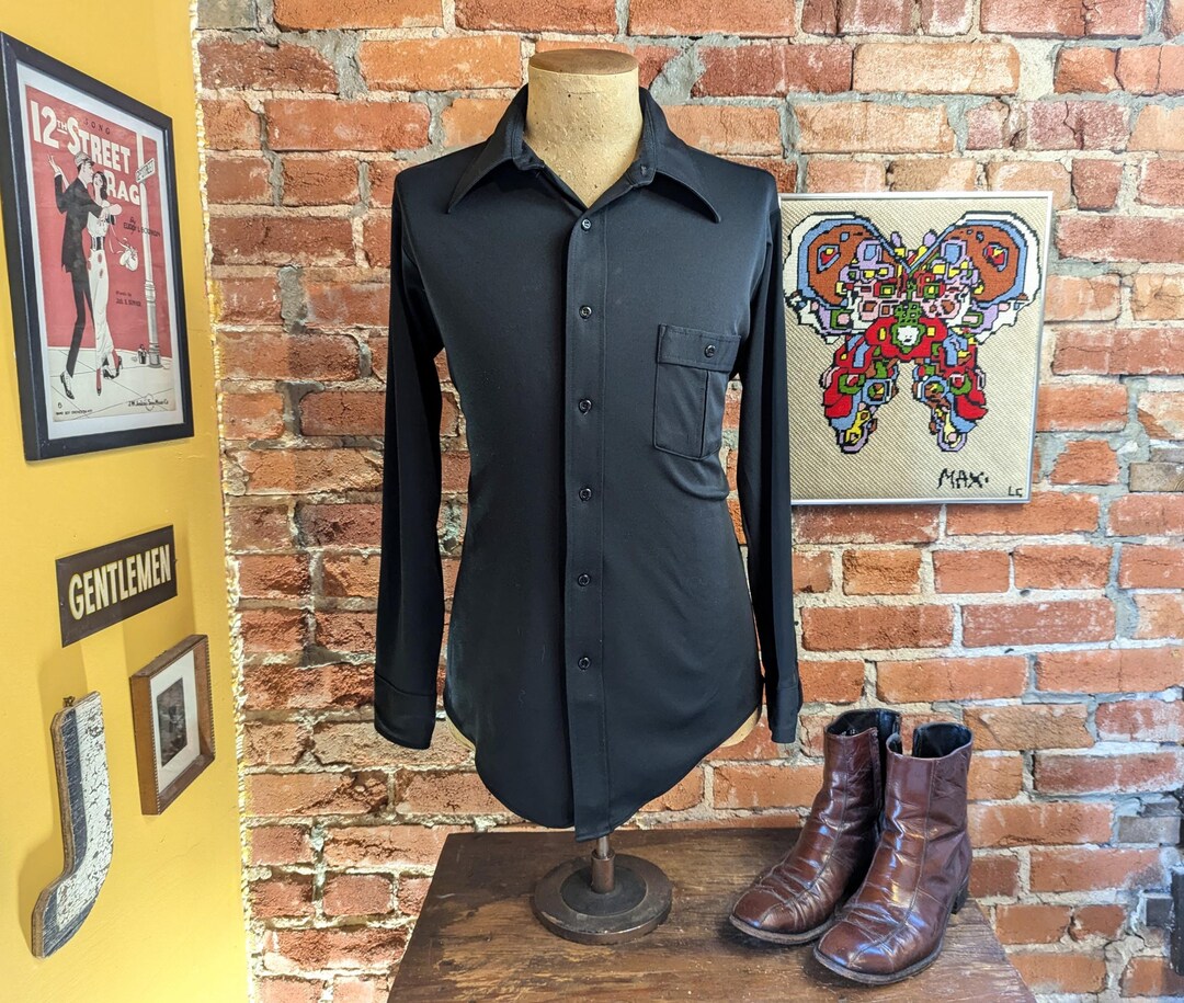 1970s Men's Black 100% Polyester Shirt Disco Era Vintage Long Sleeve Shirt Ultressa Fabric by ...