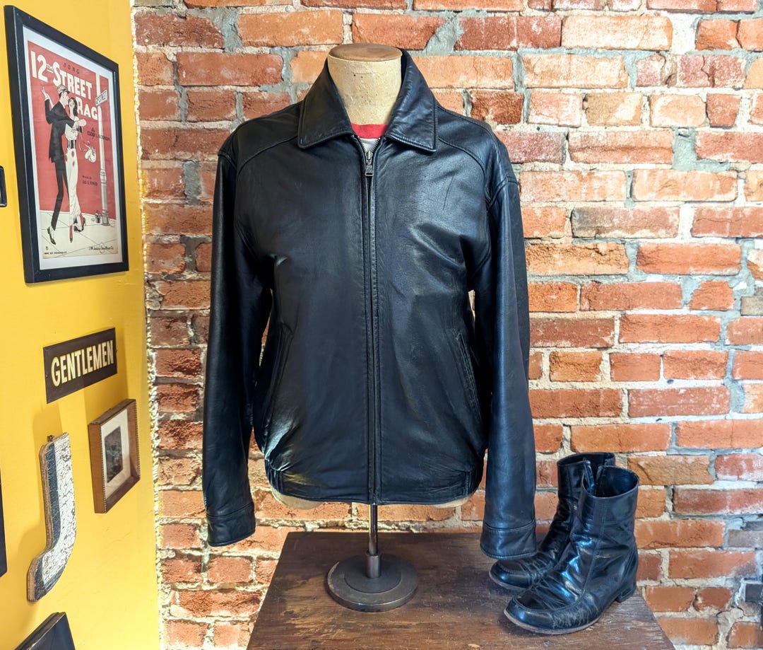 1990s Vintage Men's Leather Jacket 90s Genuine Leather Black Coat by ...