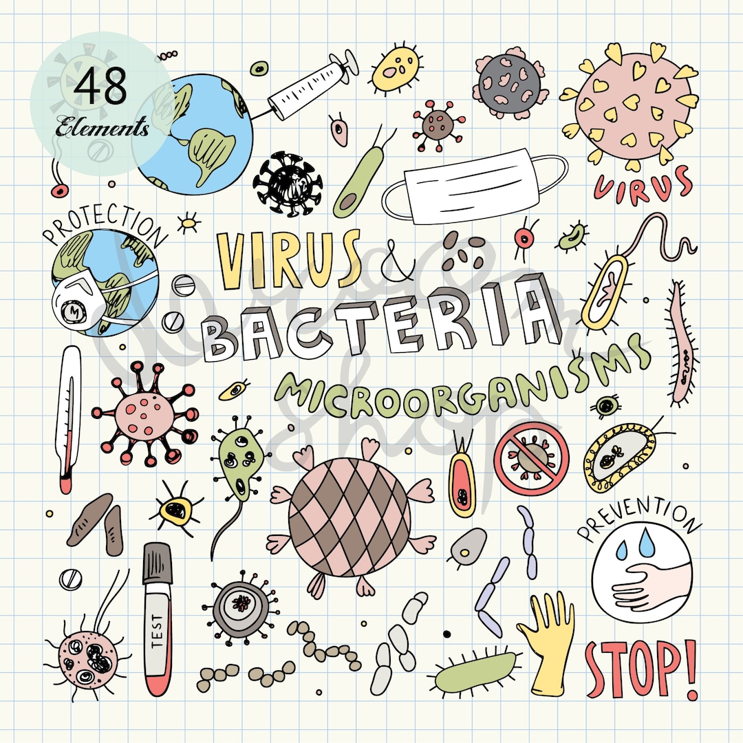Hand Drawn Doodle Virus and Bacteria Collection Microorganisms Stickers ...
