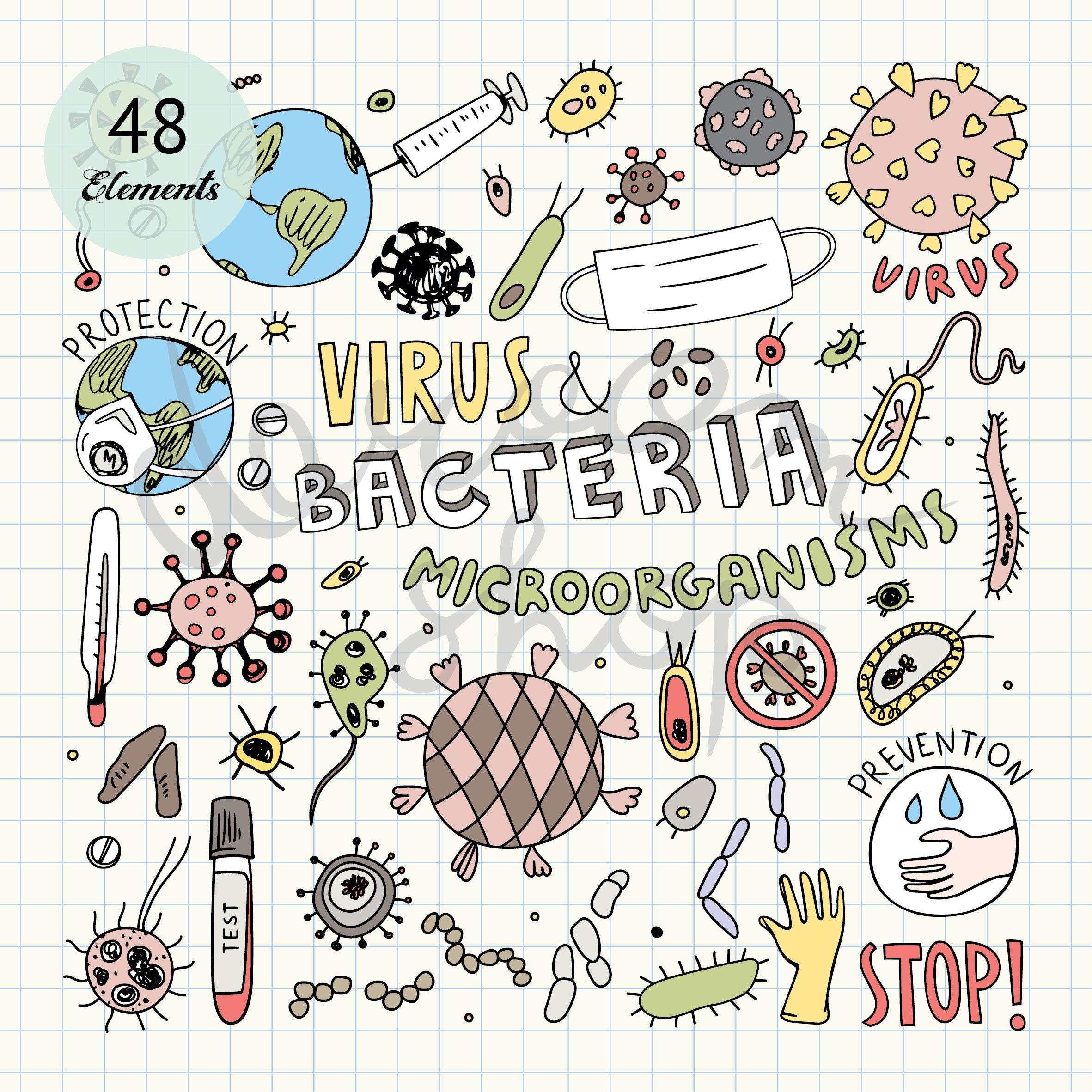 Hand Drawn Doodle Virus and Bacteria Collection Microorganisms Stickers ...
