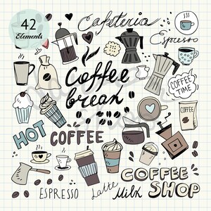 Coffee Shop Doodle Clipart Coffee & Tea Icons Menu Scrapbook Set Hand ...