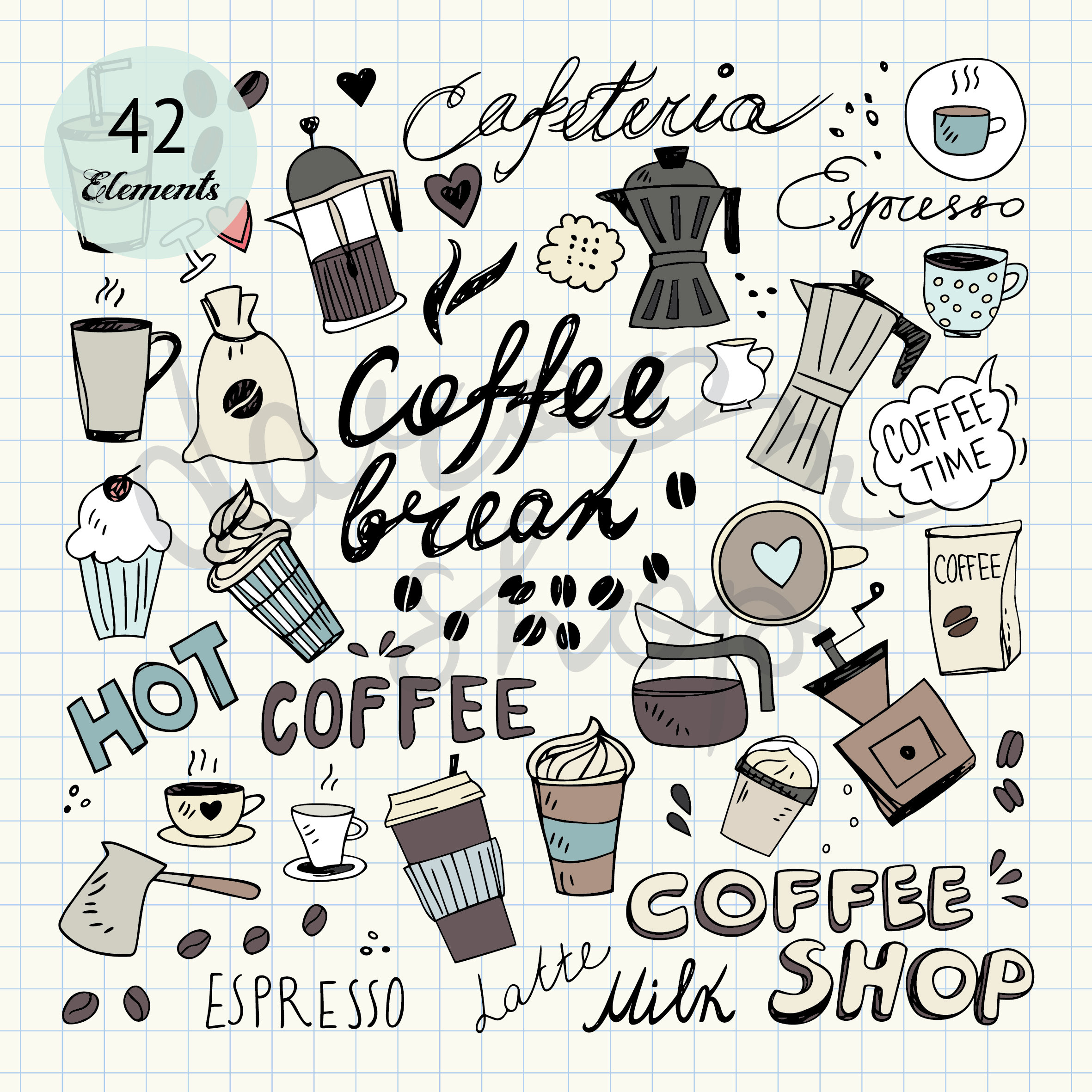 Coffee Shop Doodle Clipart Coffee & Tea Icons Menu Scrapbook Set Hand ...