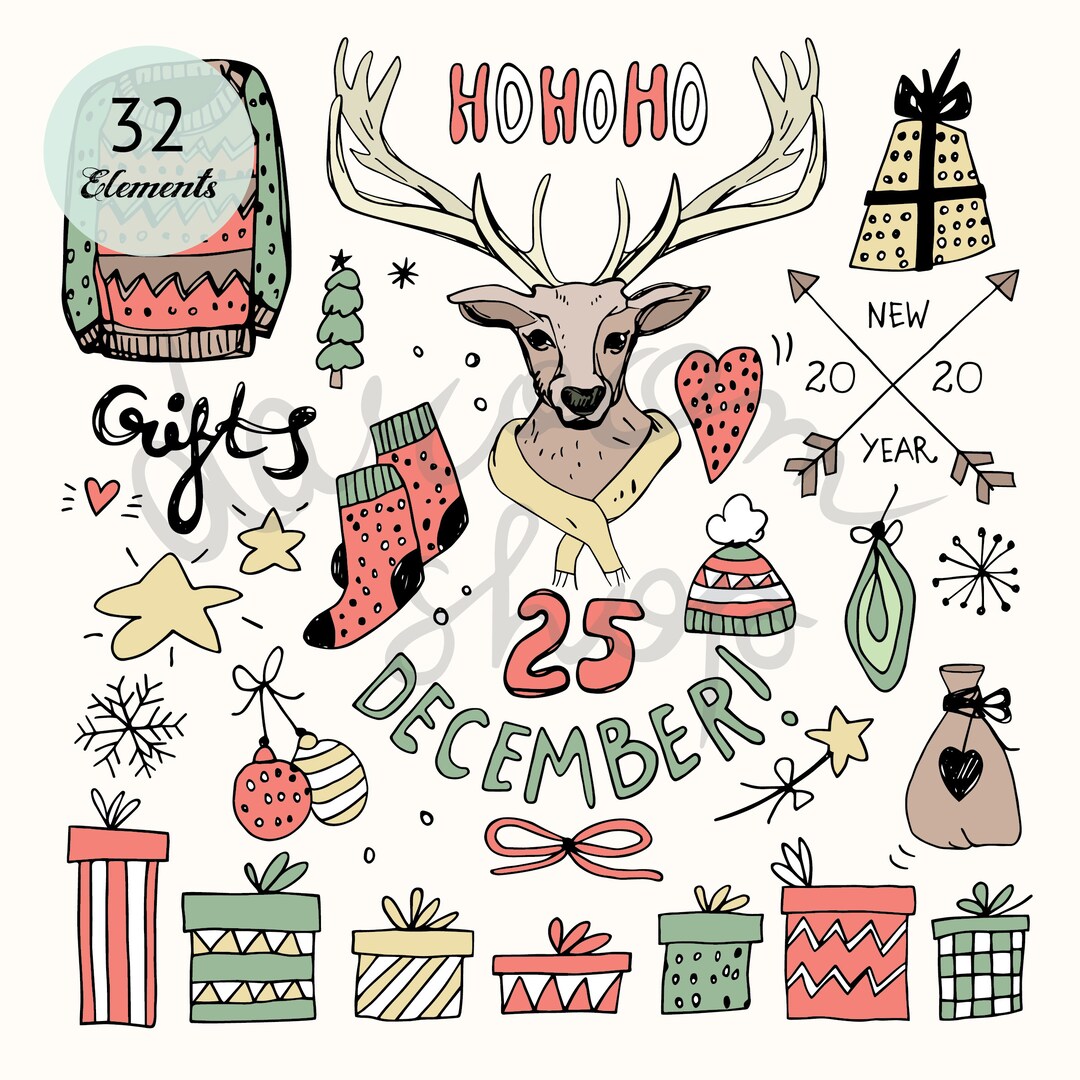 Christmas Clipart Deer Clipart Christmas Doodles Vector Clipart Xmas ...