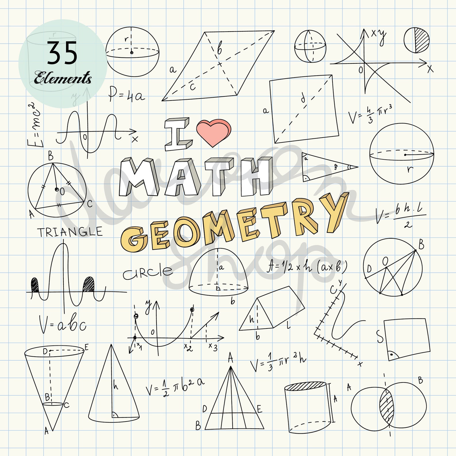 Hand Drawn Mathematics Geometry Clip Art Math Elements and Symbols Back ...