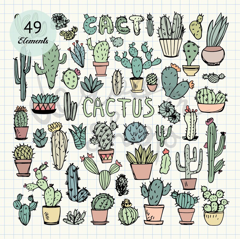 Doodle Cactus Clip Art,digital Cacti Clipart,succulent Doodle ...