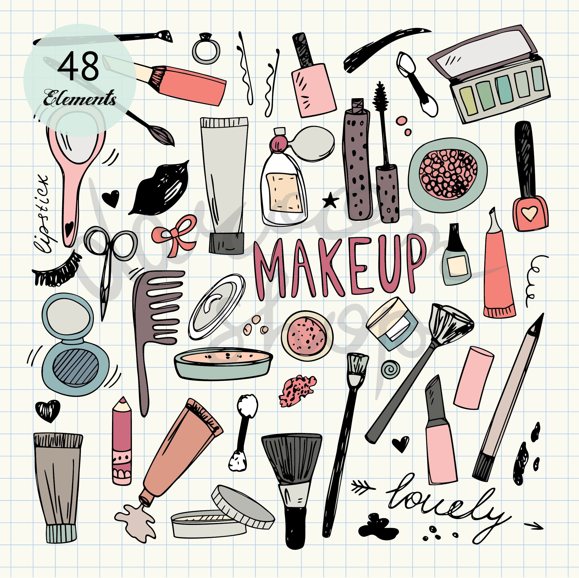 Hand Drawn Makeup Clip Art Beauty and Care Doodles Bathroom Fashion ...