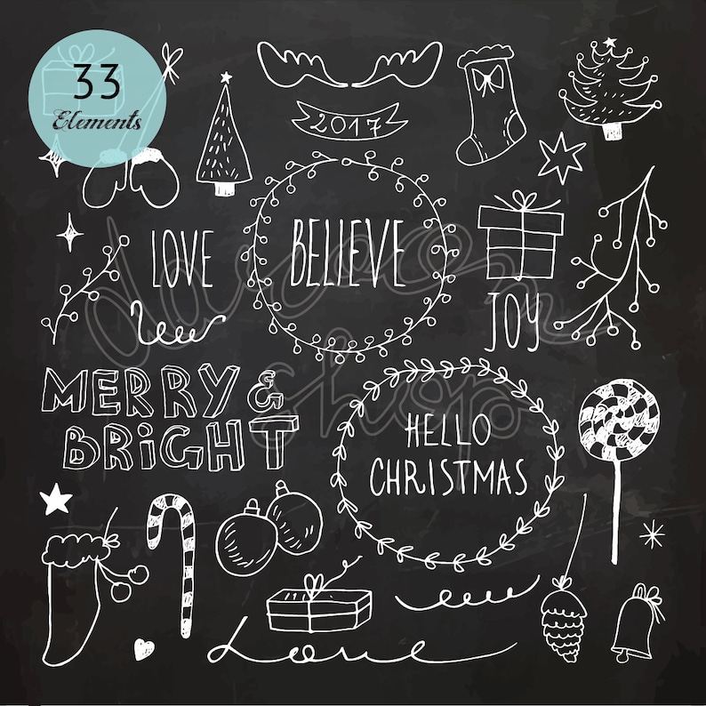 Chalkboard Christmas and New Year Doodles / Clip Art Set / Editable ...