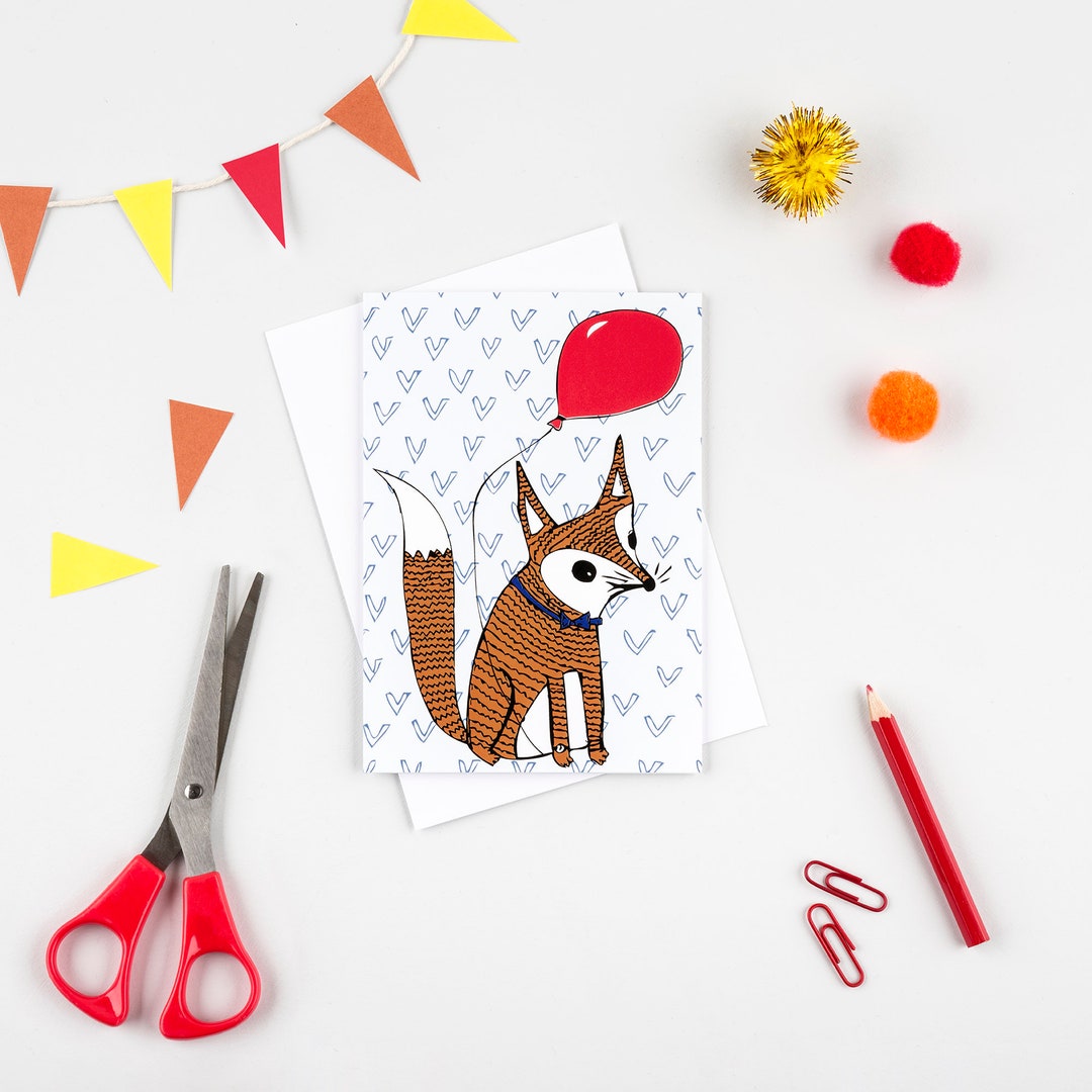 Fox Birthday Card, Fox and Balloon, Kids Birthday Card, Kids Party Card ...