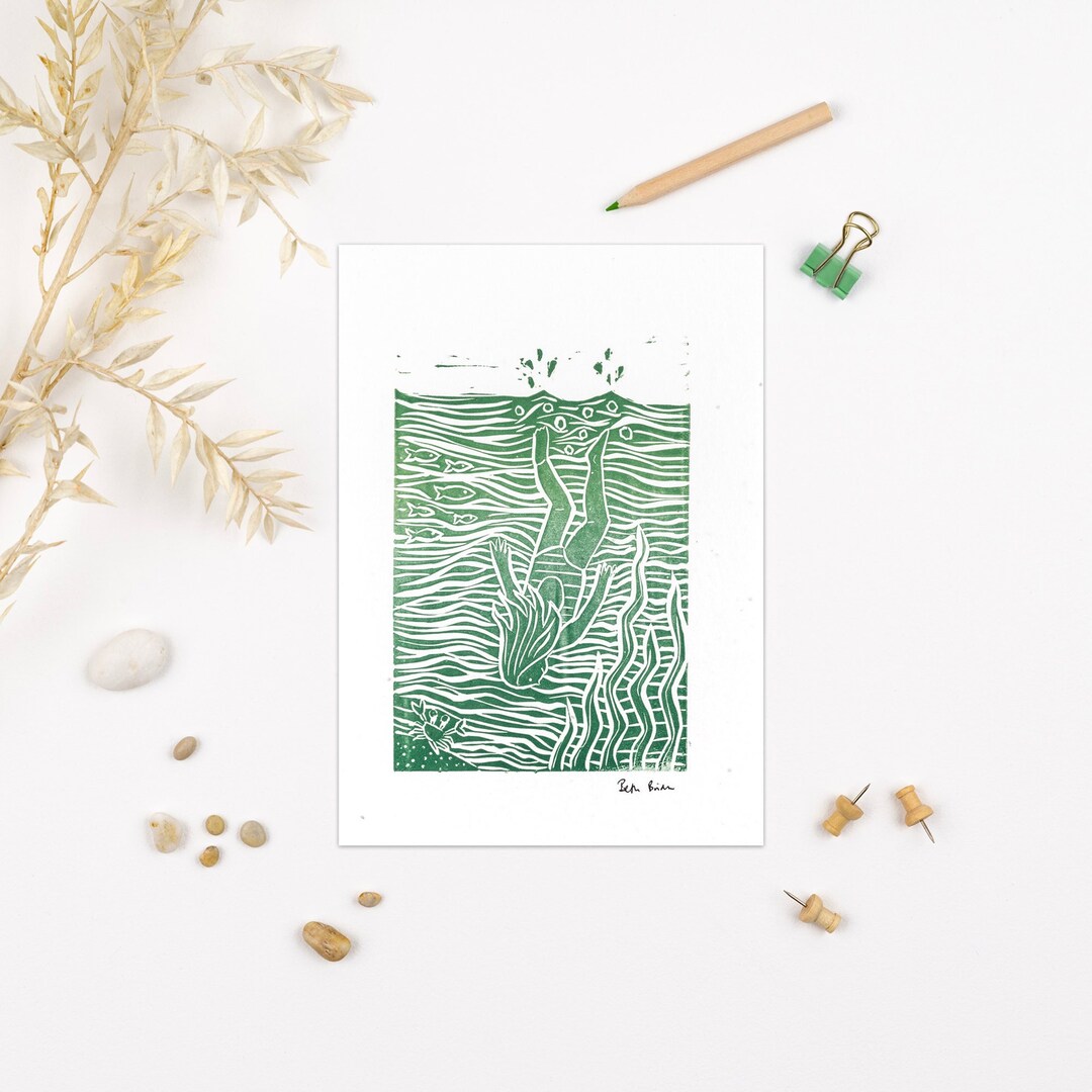 Wild Swimming Art, Lino Print, Wild Swimmer Gift, Outdoor Lover, Eco ...