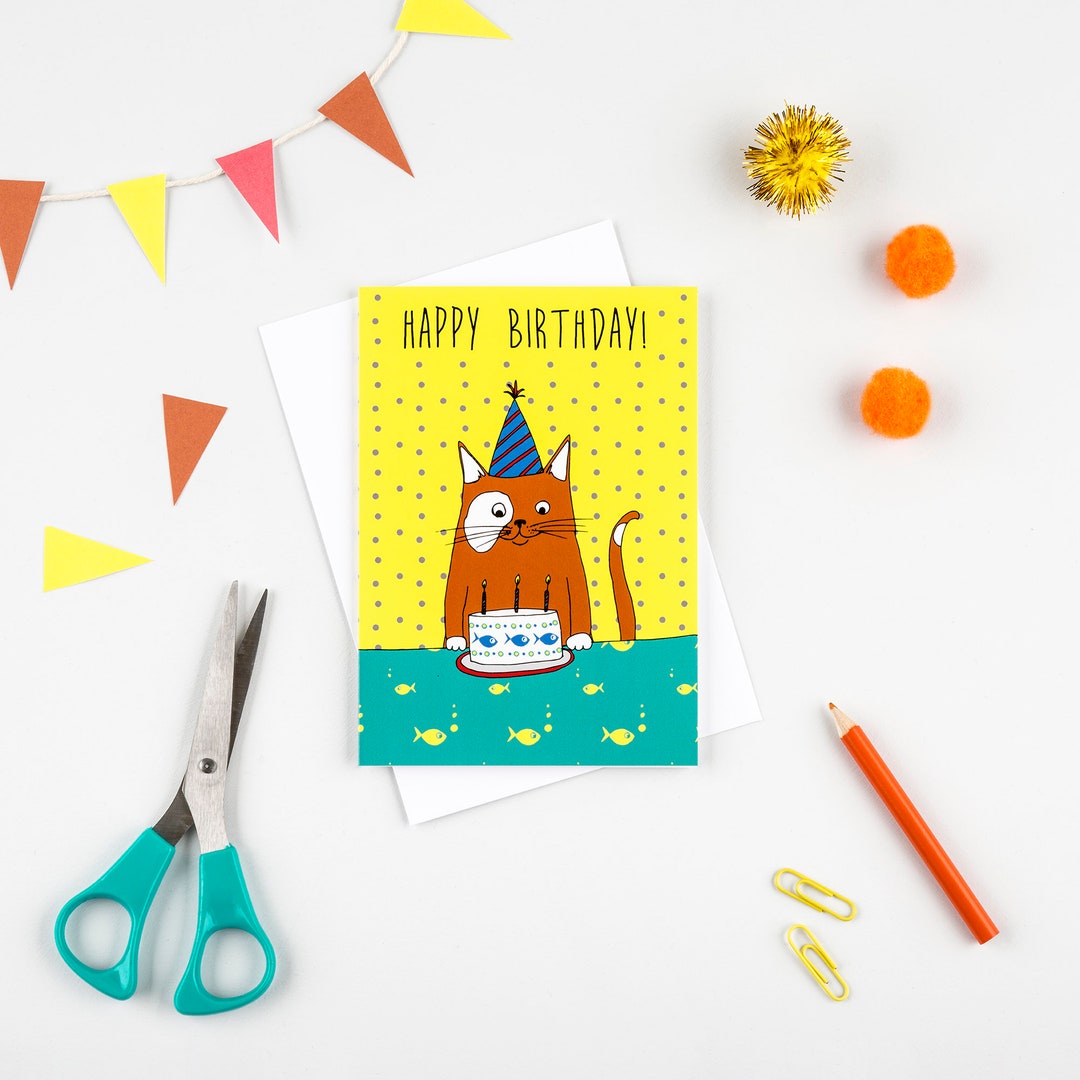 Cat Card "happy Birthday" Cute Cat Card, Cat Lovers Card, Birthday Cat ...