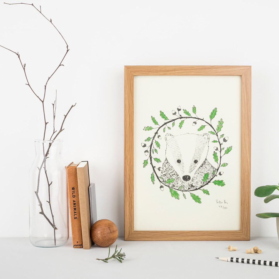 Badger Art Print, Badger Screen Print, Badger and Oak Print, Eco ...