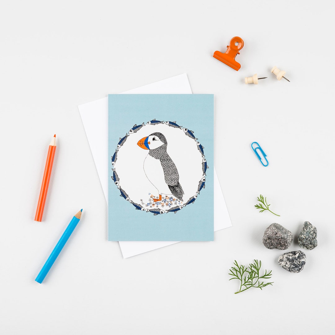 Puffin Card, Puffin and Herring Card, Nautical, Animal Lover Card, Bird ...