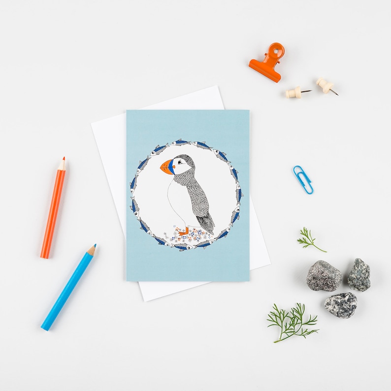Puffin Card Puffin and Herring Card Nautical Animal Lover - Etsy