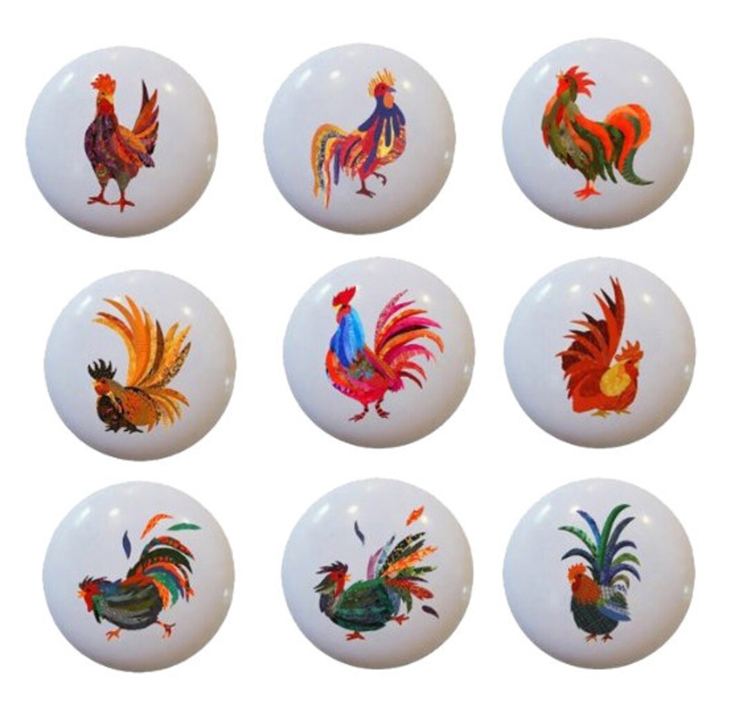 Fancy Colorful Rooster Knobs Pulls Decorative for Cabinets or Drawers ...