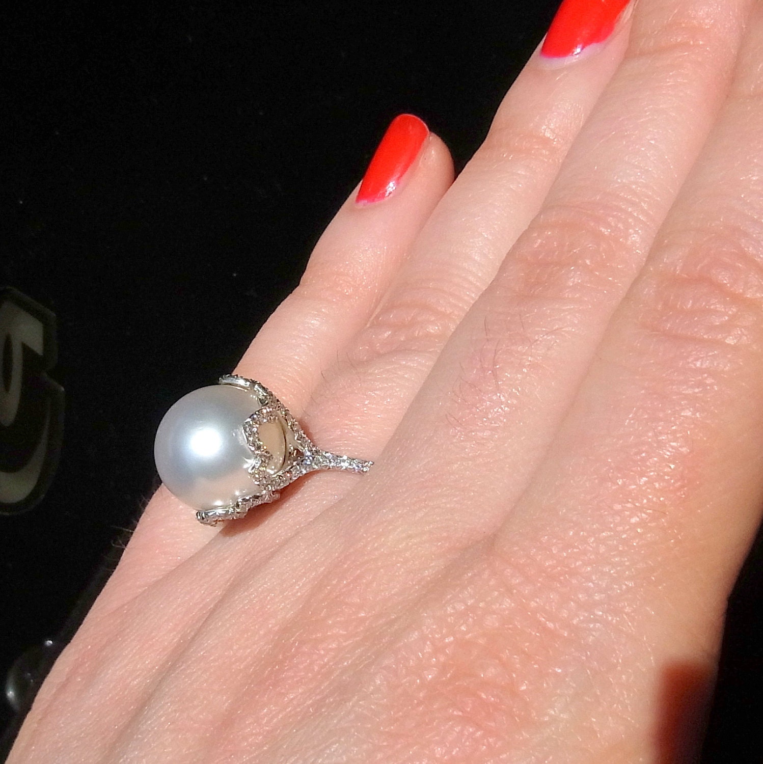 Stunning Large South Sea Pearl Ring 13mm Figural 14K White Gold ...