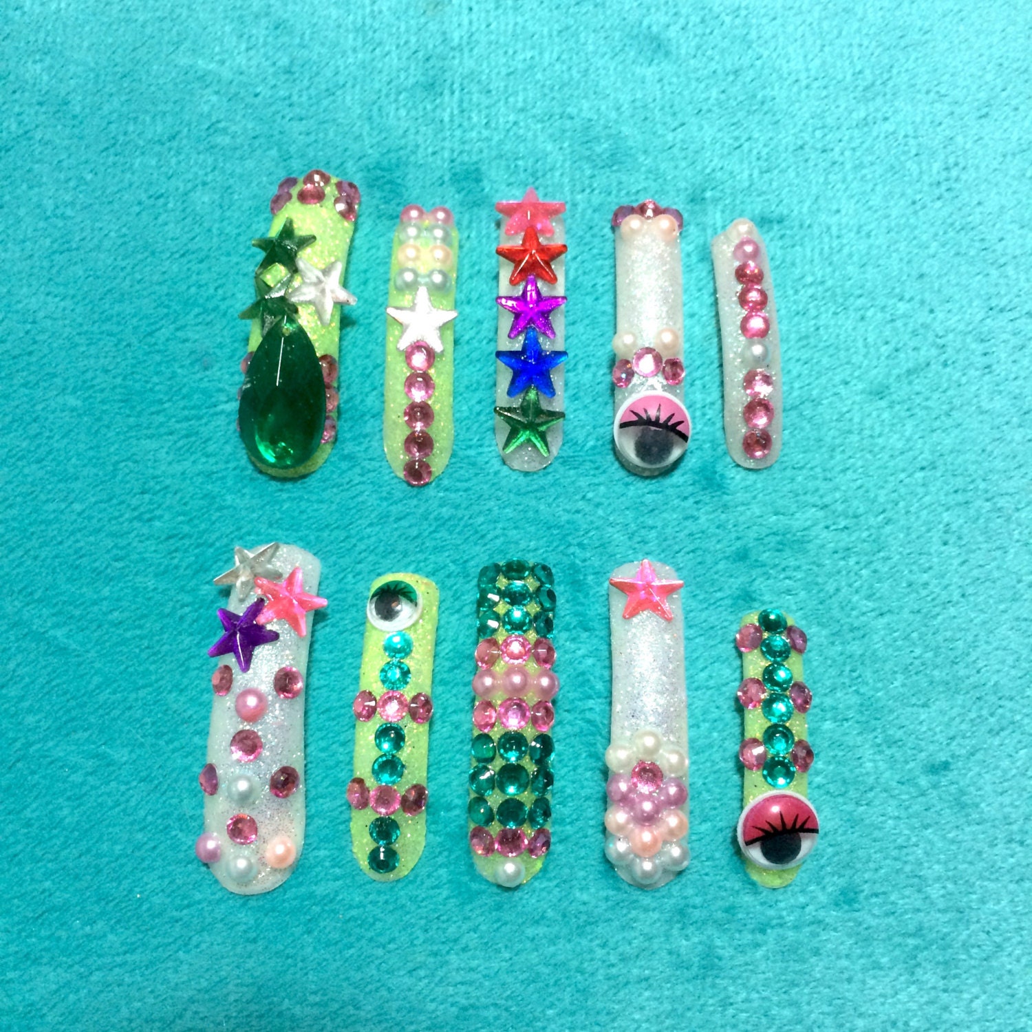 Green White Glitter Long Squared Kawaii Deco Gyaru Nails - Etsy