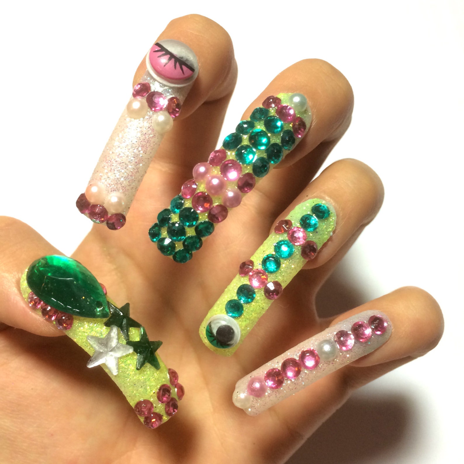Green White Glitter Long Squared Kawaii Deco Gyaru Nails - Etsy