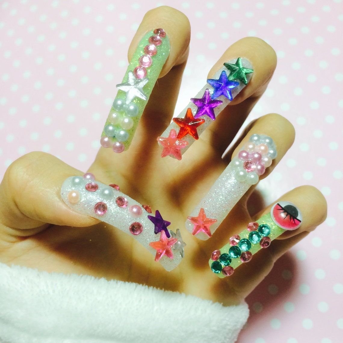 Green White Glitter Long Squared Kawaii Deco Gyaru Nails - Etsy